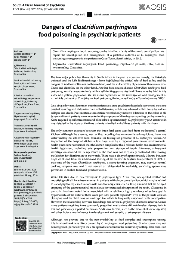 (PDF) Dangers of Clostridium perfringens food poisoning in psychiatric ...
