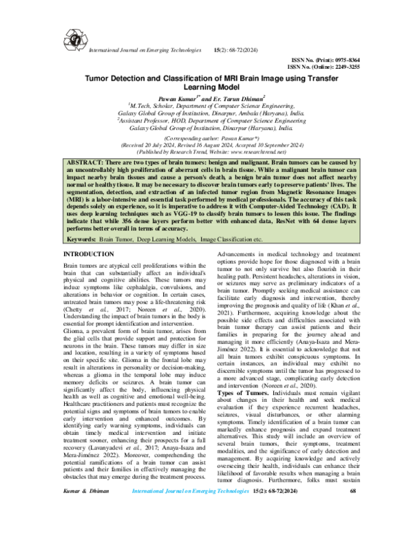 (PDF) Tumor Detection and Classification of MRI Brain Image using Transfer Learning Model
