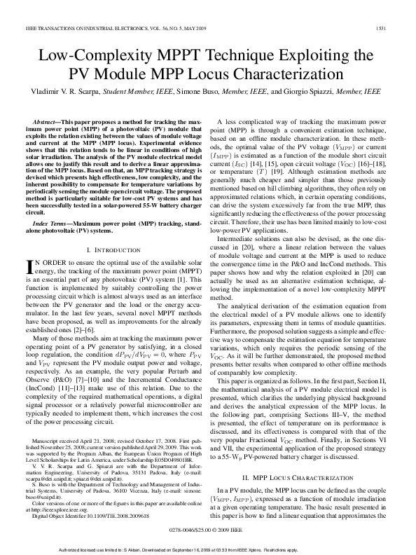 (PDF) Low-Complexity MPPT Technique Exploiting the PV Module MPP Locus Characterization