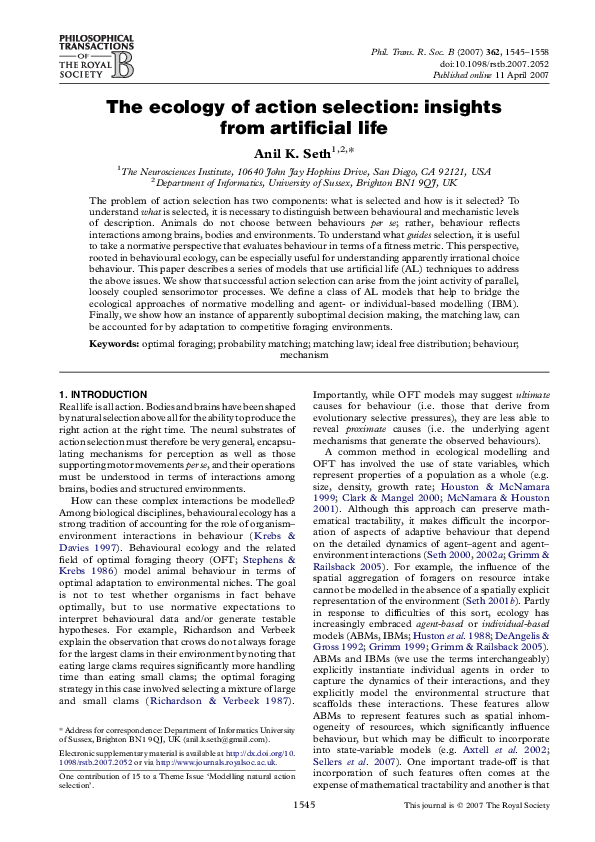 (PDF) The ecology of action selection: insights from artificial life