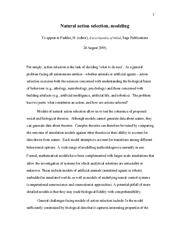 (PDF) Natural Action Selection, Modeling