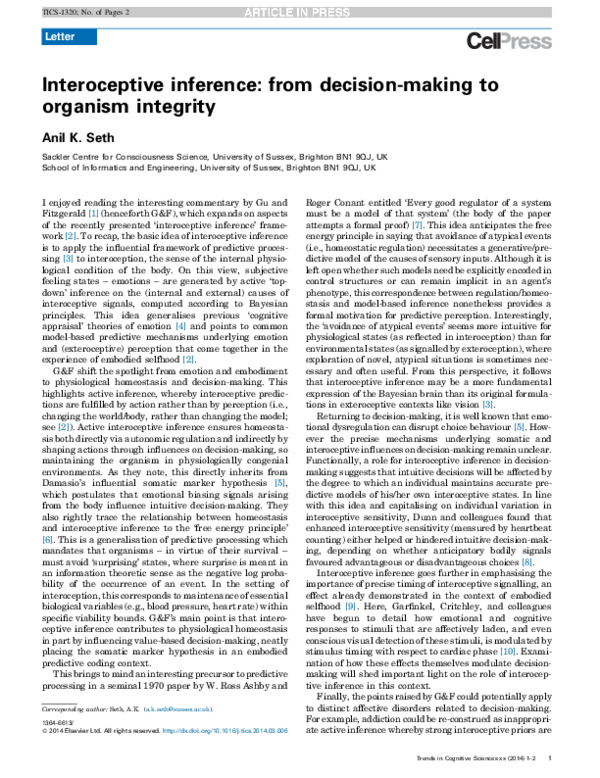 (PDF) Response to Gu and FitzGerald: Interoceptive inference: from decision-making to organism ...
