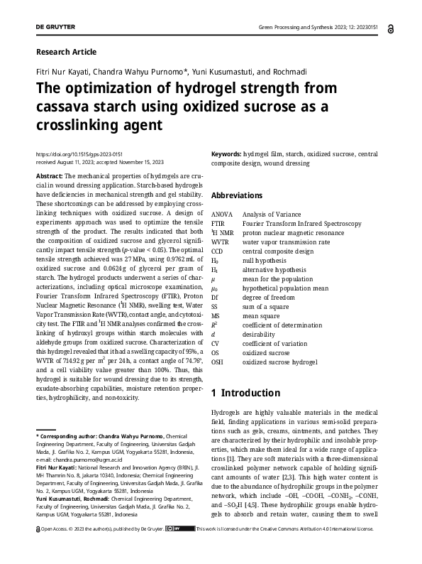 (PDF) The optimization of hydrogel strength from cassava starch using oxidized sucrose as a ...