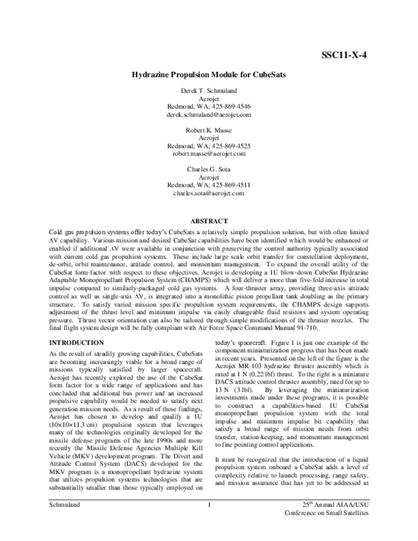 (PDF) Hydrazine Propulsion Module for CubeSats
