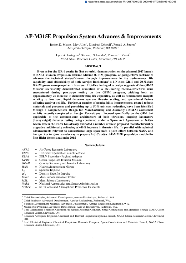 (PDF) AF-M315E Propulsion System Advances and Improvements
