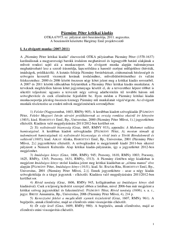(PDF) Pázmány Péter kritikai kiadás = Péter Pázmány Critical Edition