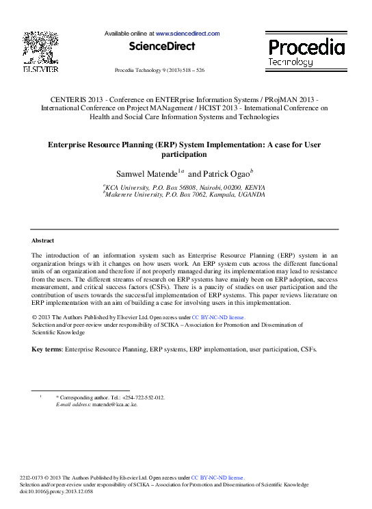 (PDF) Enterprise Resource Planning (ERP) System Implementation: A Case for User Participation