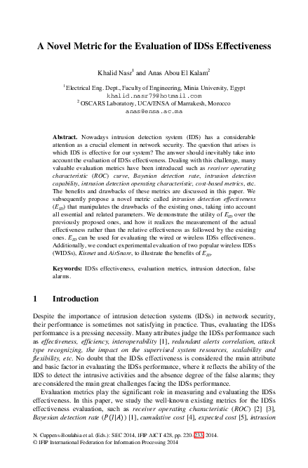 (PDF) A Novel Metric for the Evaluation of IDSs Effectiveness