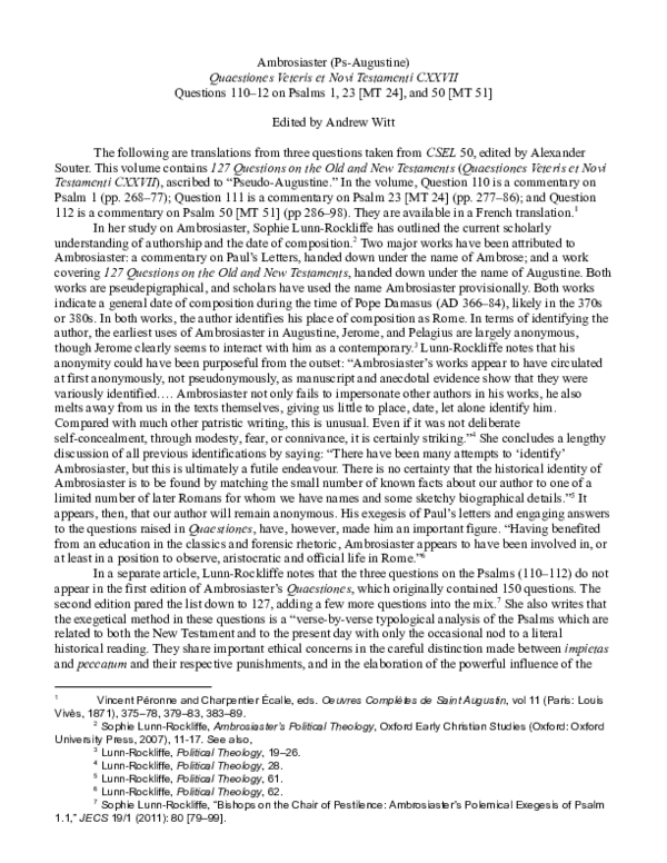 (PDF) Ambrosiaster - Questions on Psalms 1, 23 [24], and 50 [51]