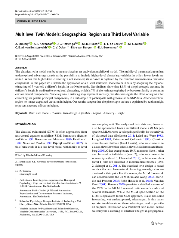 (PDF) Multilevel Twin Models: Geographical Region as a Third Level Variable