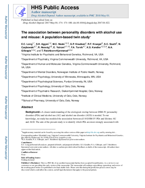 (PDF) The association between personality disorders with alcohol use ...