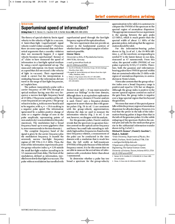 (PDF) Superluminal speed of information?