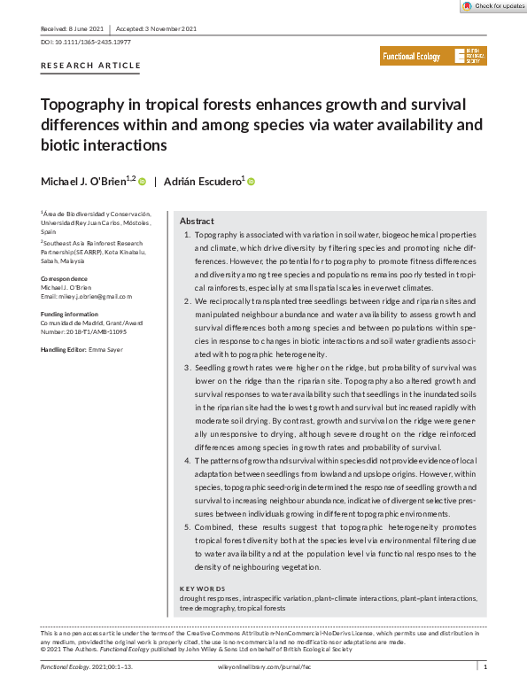 Pdf Topography In Tropical Forests Enhances Growth And Survival