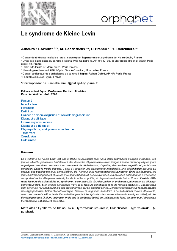 (PDF) Le syndrome de Kleine-Levin
