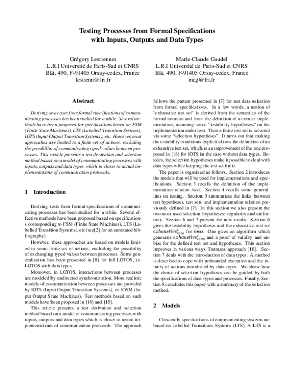 (PDF) Testing processes from formal specifications with inputs, outputs ...