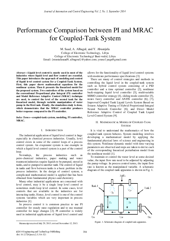 (PDF) Performance Comparison between PI and MRAC for Coupled-Tank System