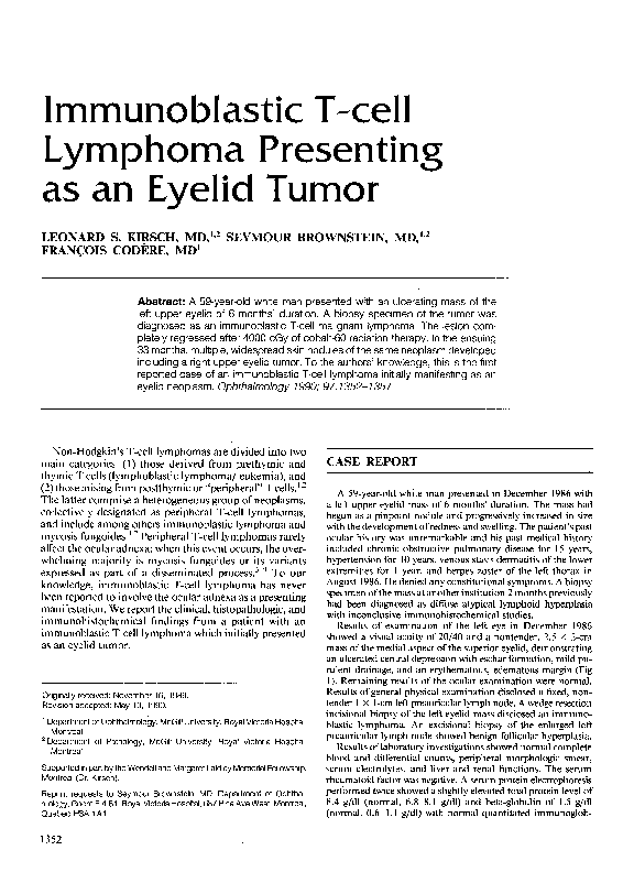 (PDF) Immunoblastic T-cell Lymphoma Presenting as an Eyelid Tumor