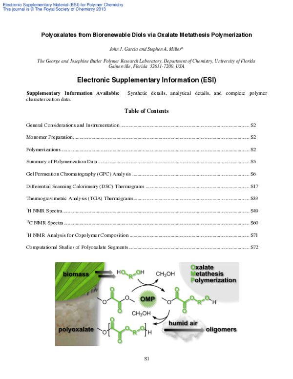 (PDF) Polyoxalates from biorenewable diols via Oxalate Metathesis ...