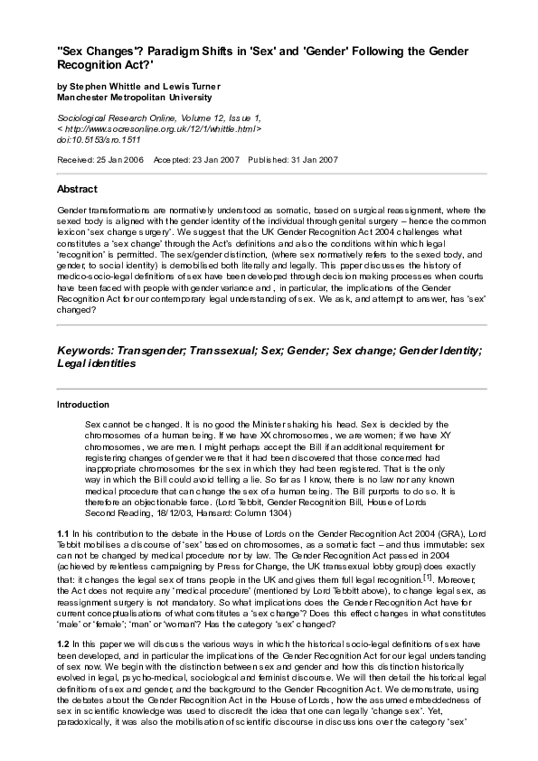 (PDF) ‘'Sex Changes'? Paradigm Shifts in ‘Sex’ and ‘Gender’ following ...