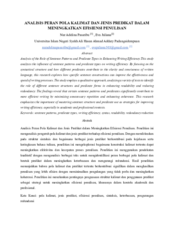 (PDF) ANALISIS PERAN POLA KALIMAT DAN JENIS PREDIKAT DALAM MENINGKATKAN ...