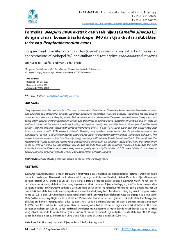 (PDF) Formulasi sleeping mask ekstrak daun teh hijau (Camellia sinensis L.) dengan variasi ...