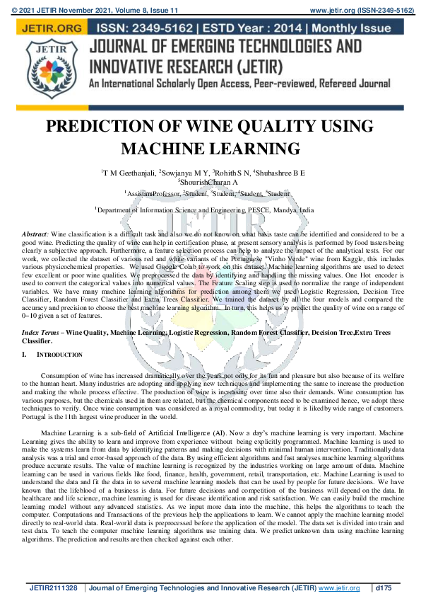 (PDF) Prediction Of Wine Quality Using Machine Learning