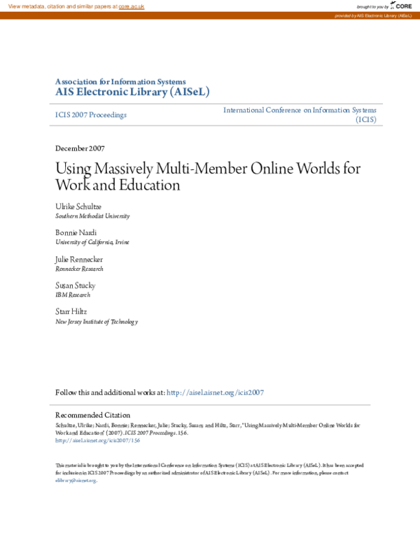 (PDF) Using Massively Multi-Member Online Worlds for Work and Education