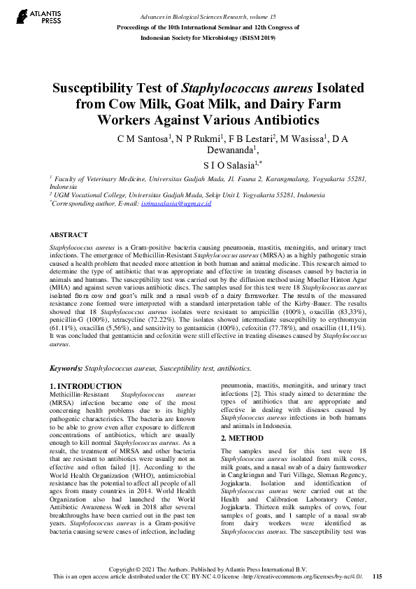 (PDF) Susceptibility Test of Staphylococcus aureus Isolated from Cow ...