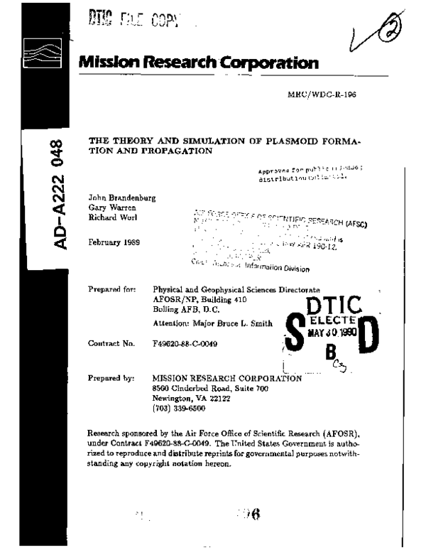 (PDF) The Theory and Simulation of Plasmoid Formation and Propagation