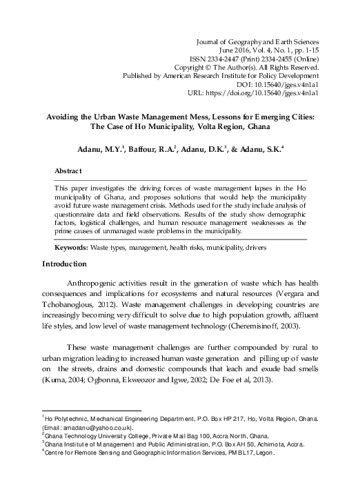 (PDF) Avoiding the Urban Waste Management Mess, Lessons for Emerging ...