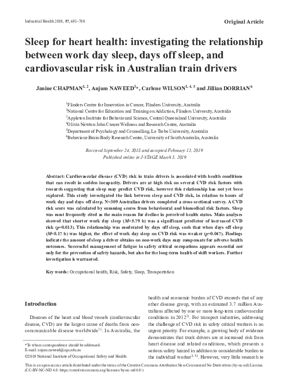 (PDF) Sleep for heart health: investigating the relationship between work day sleep, days off ...