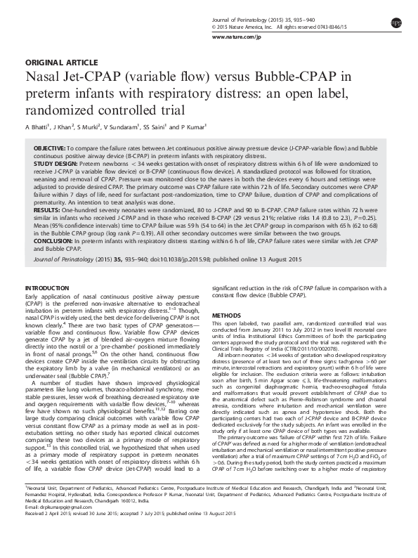 (PDF) Nasal Jet-CPAP (variable flow) versus Bubble-CPAP in preterm ...