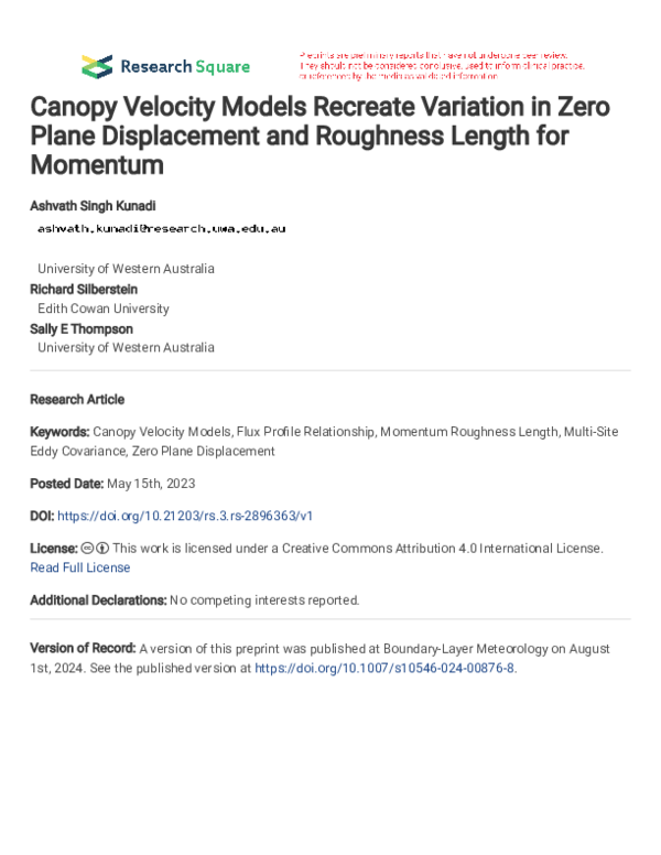 (PDF) Canopy Velocity Models Recreate Variation in Zero Plane ...