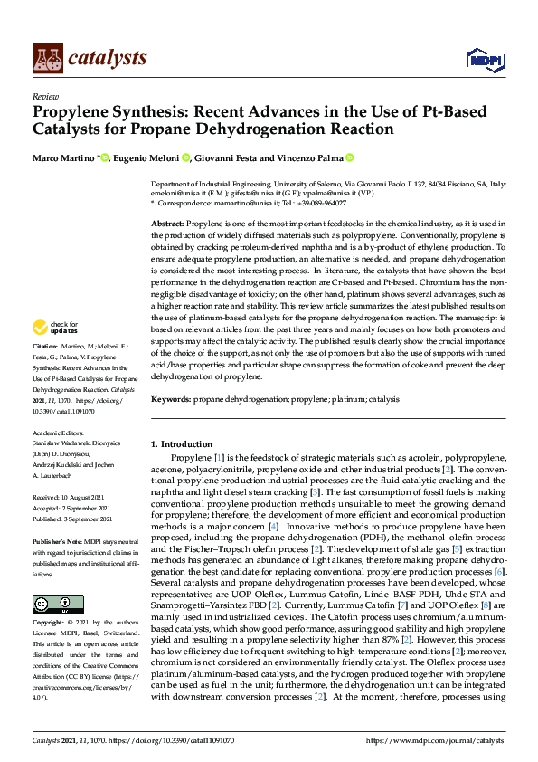 (PDF) Advances in Pt Catalysts for Propylene Synthesis