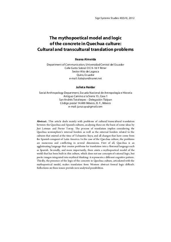 (PDF) Mythopoetical model and logic of the concrete in Quechua culture
