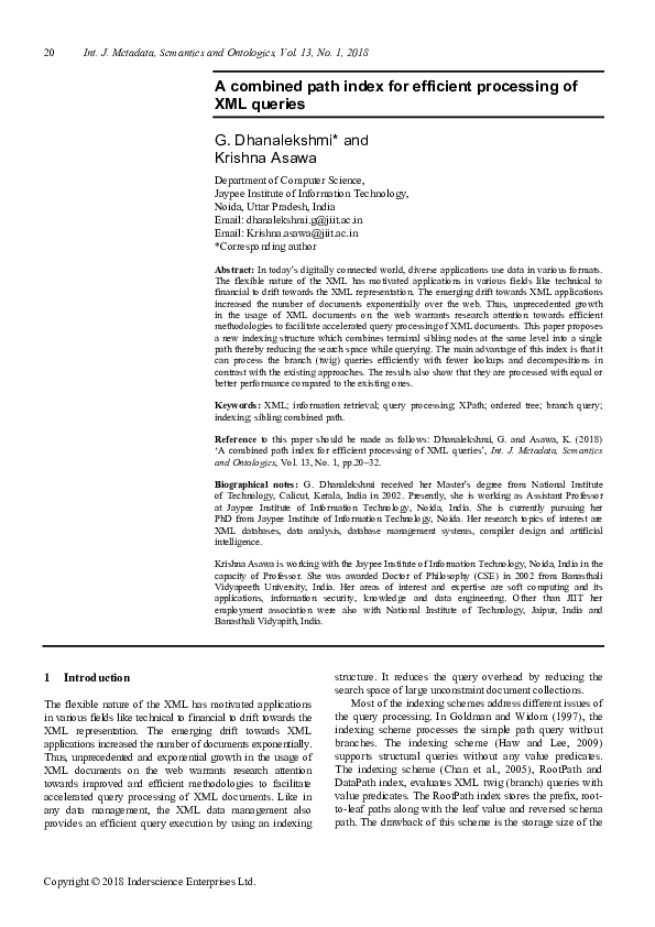 (PDF) A combined path index for efficient processing of XML queries | KRISHNA ASAWA - Academia.edu