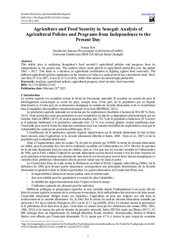 (PDF) Agriculture and Food Security in Senegal: Analysis of ...