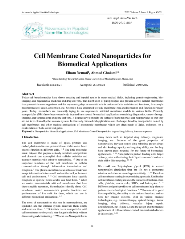 (PDF) Cell Membrane Coated Nanoparticles for Biomedical Applications