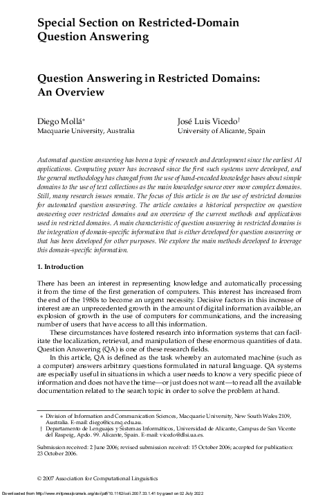 (PDF) Question Answering in Restricted Domains: An Overview