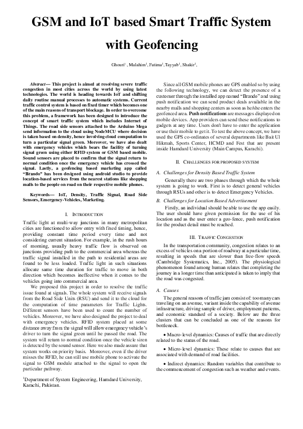 (PDF) GSM And IoT Based Smart Traffic System With Geofencing