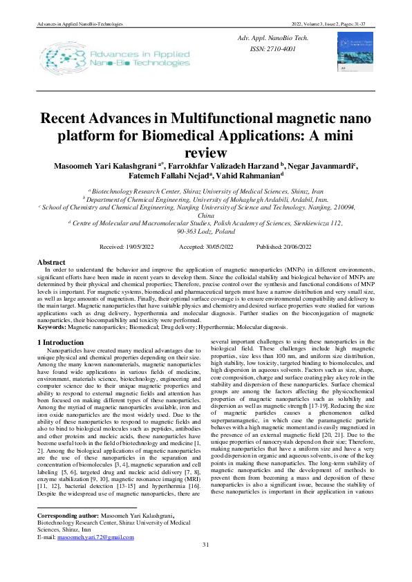 (PDF) Recent Advances in Multifunctional magnetic nano platform for Biomedical Applications: A ...
