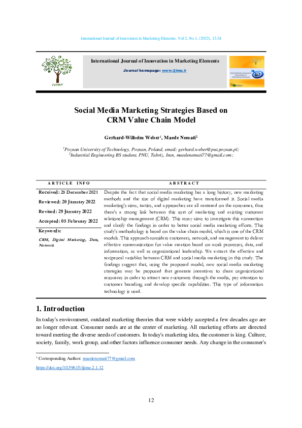 (PDF) Social Media Marketing Strategies Based on CRM Value Chain Model