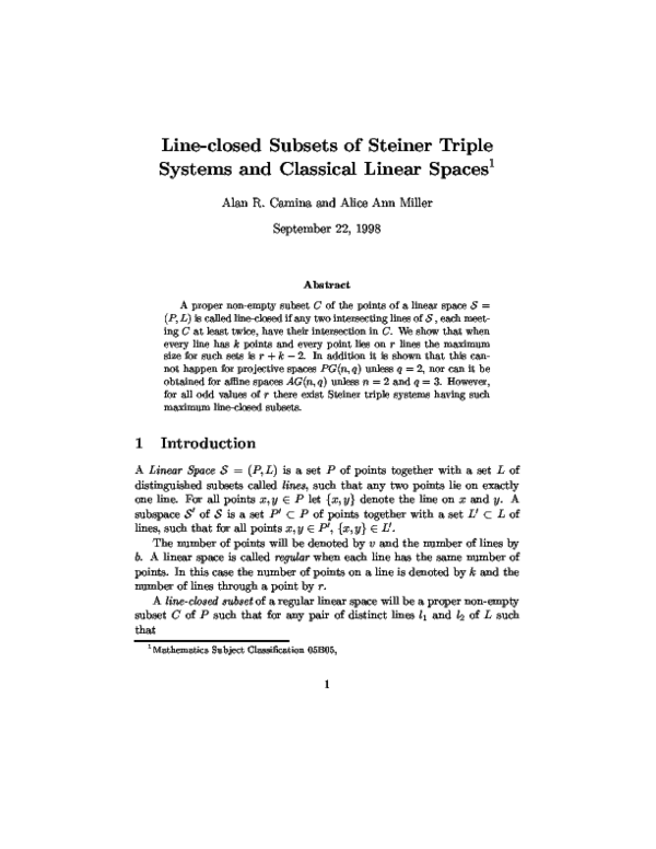 (PDF) Line-closed subsets of Steiner triple systems and classical ...
