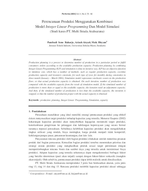 (PDF) Perencanaan Produksi Menggunakan Kombinasi Model Integer Linear Programming Dan Model ...