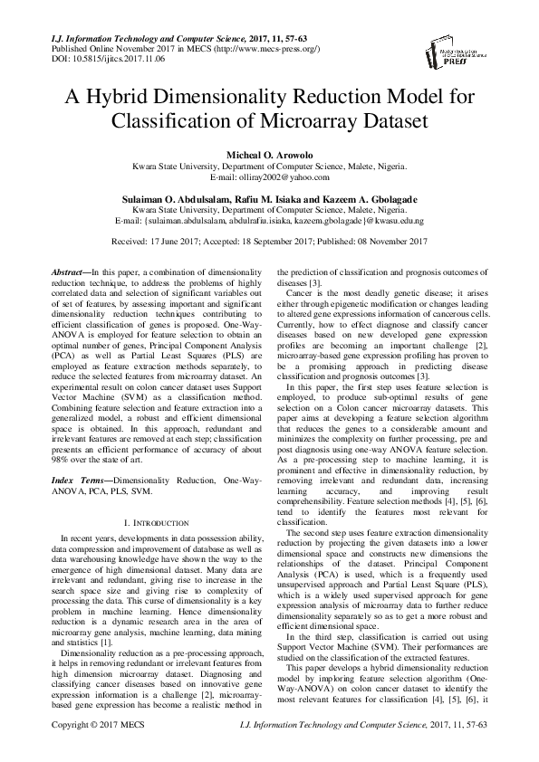 Pdf Hybrid Dimensionality Reduction For Gene Classification