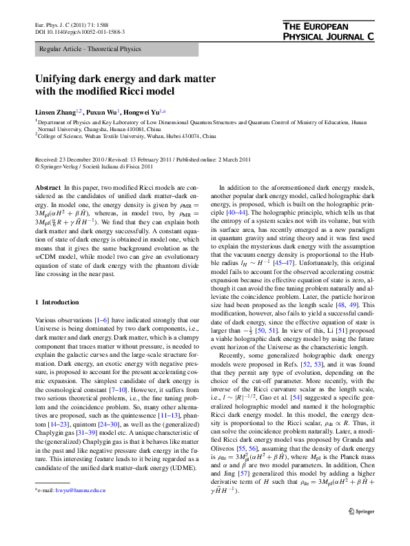 (PDF) Unifying dark energy and dark matter with the modified Ricci model