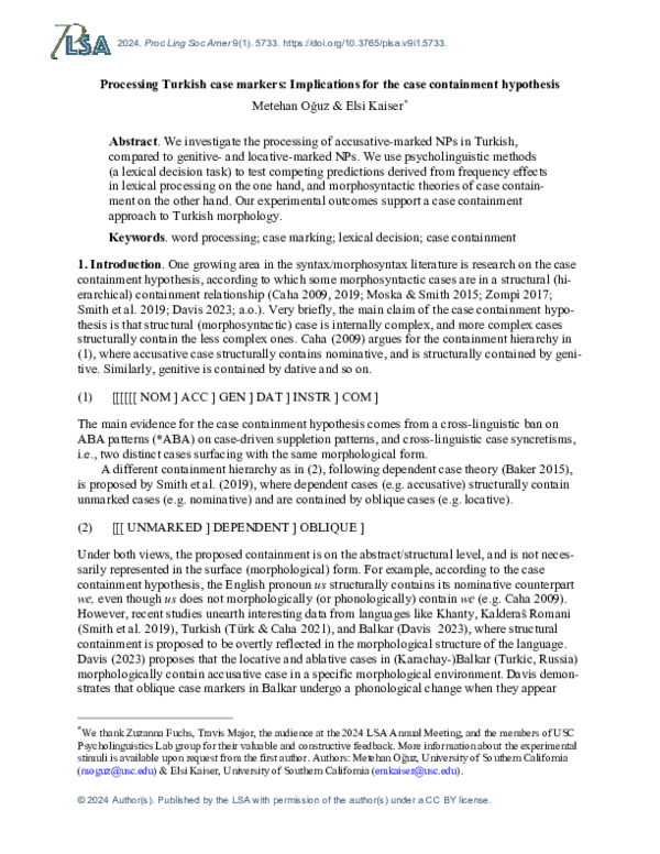 (PDF) Processing Turkish case markers: Implications for the case ...