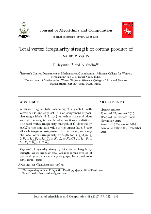 (PDF) P. Jeyanthi and A.Sudha,Total vertex irregularity strength of corona product of some ...
