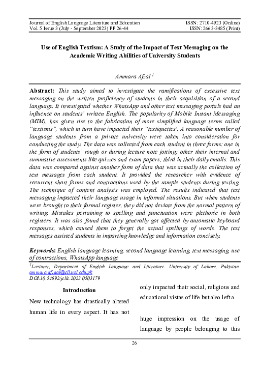 (PDF) Use of English Textism: A Study of the Impact of Text Messaging ...