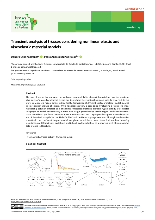 Pdf Transient Analysis Of Trusses Considering Nonlinear Elastic And Viscoelastic Material Models